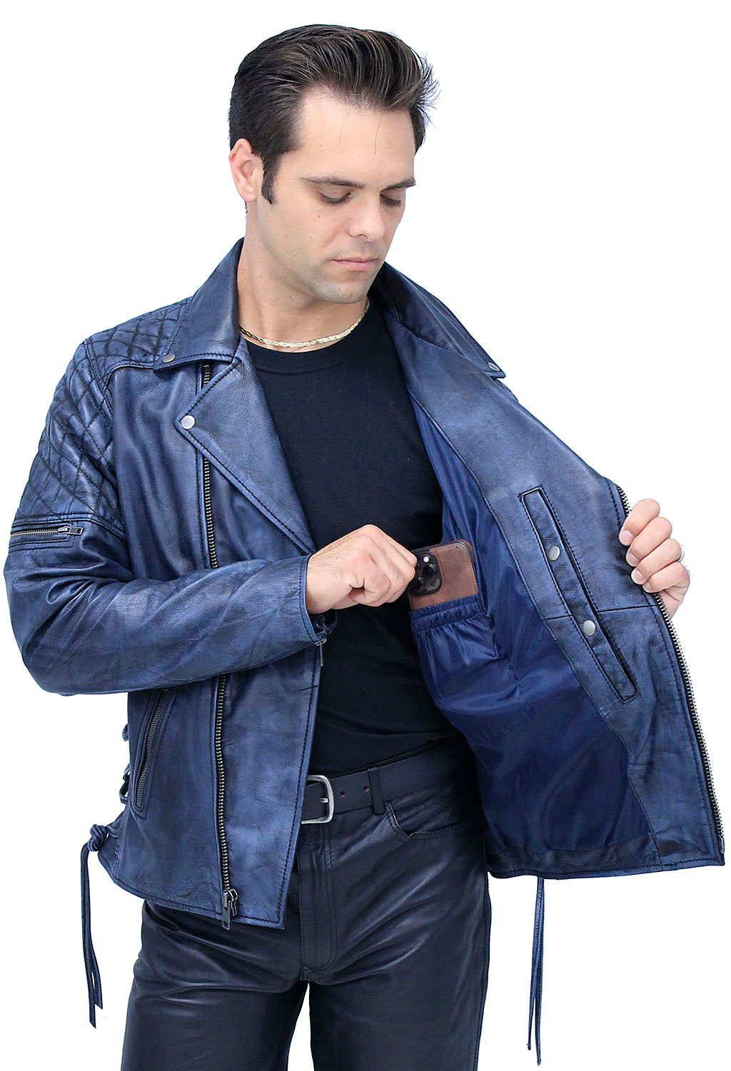 Quilted Blue Distressed Leather MC Jacket CC Pockets #MA2024QGU – Jamin ...
